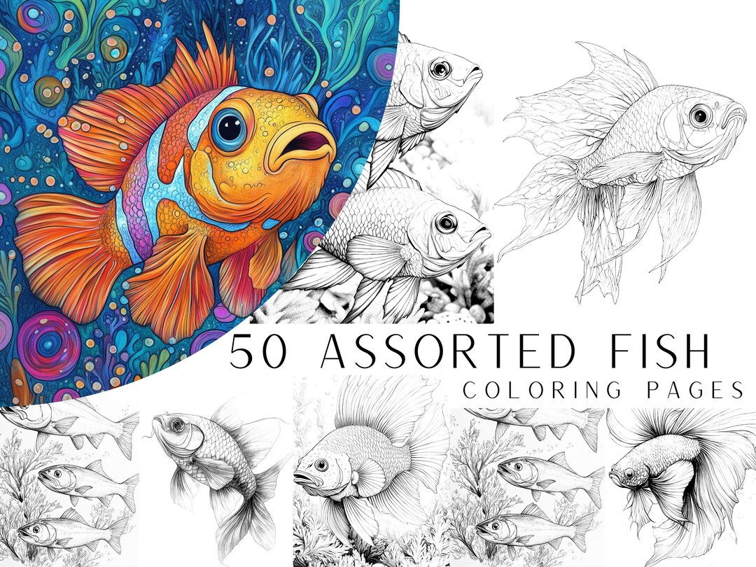 50 Assorted Fish Coloring Pages - Adult and Kids Coloring Book, Ocean ...
