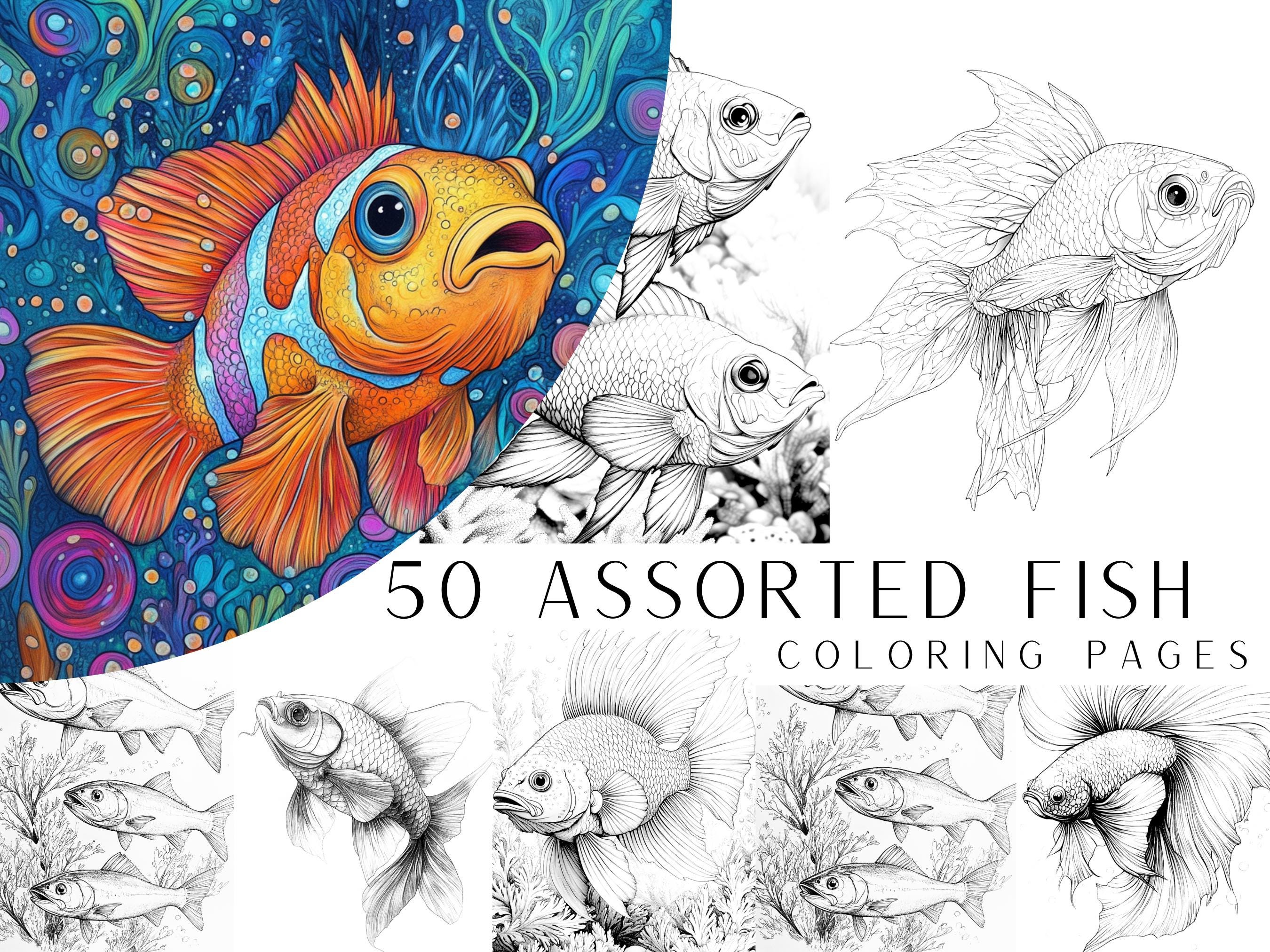 50 Assorted Fish Coloring Pages - Adult and Kids Coloring Book, Ocean ...