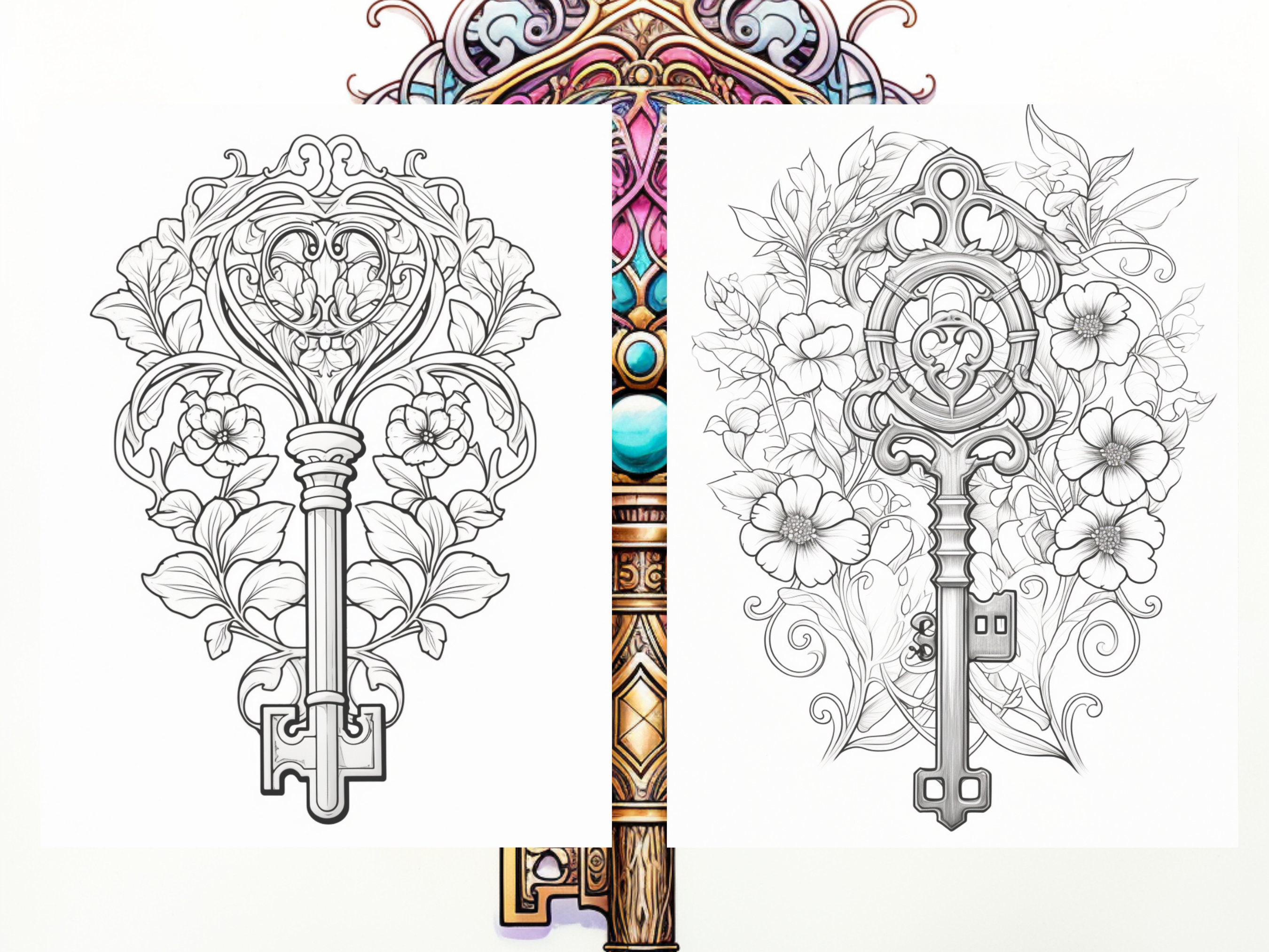 50 Fantasy Key Coloring Pages Adult and Kids Coloring Book, Greyscale ...