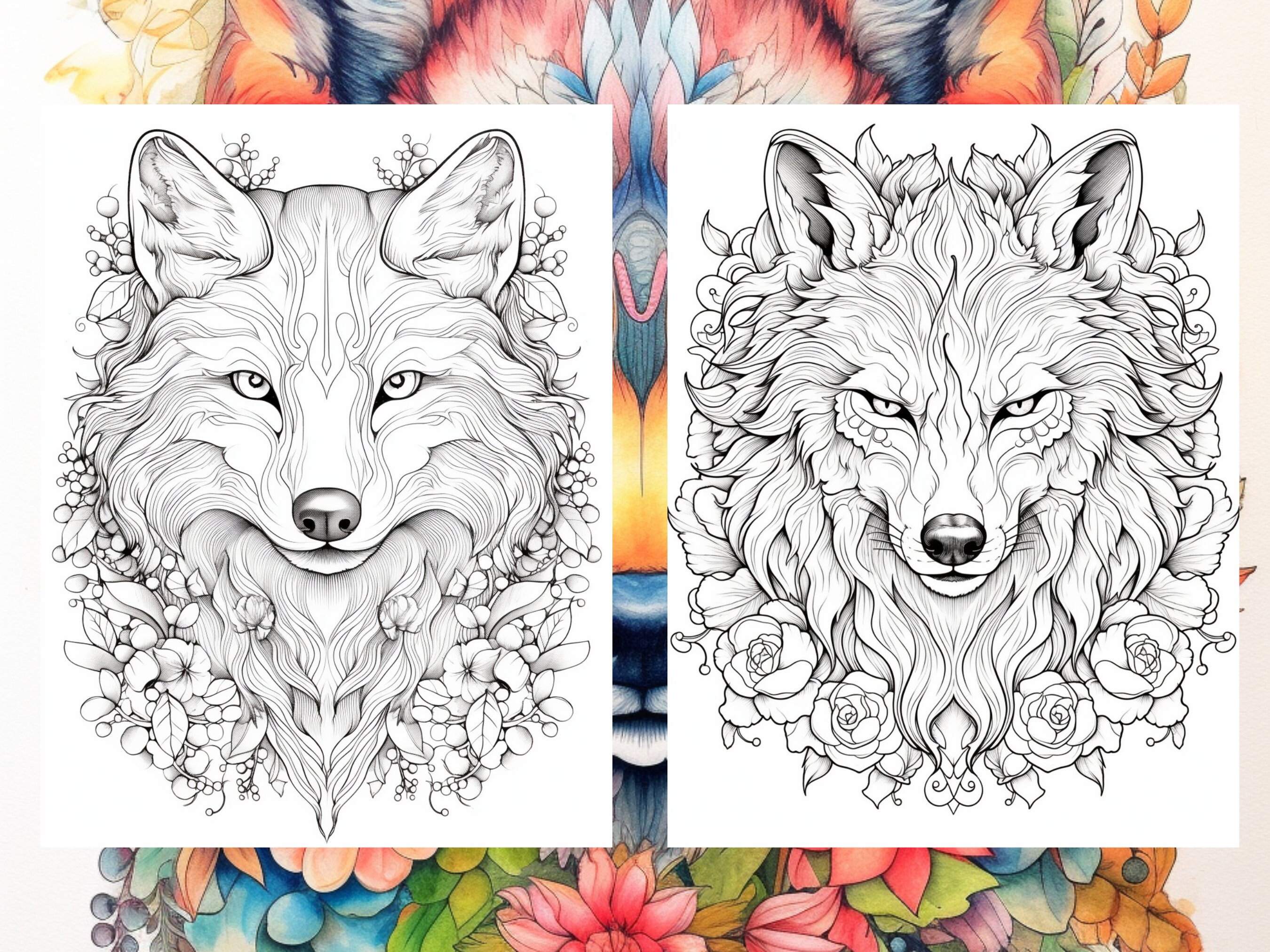 25 Floral Wolf Coloring Pages - Kids and Adults Coloring Book, Digital ...