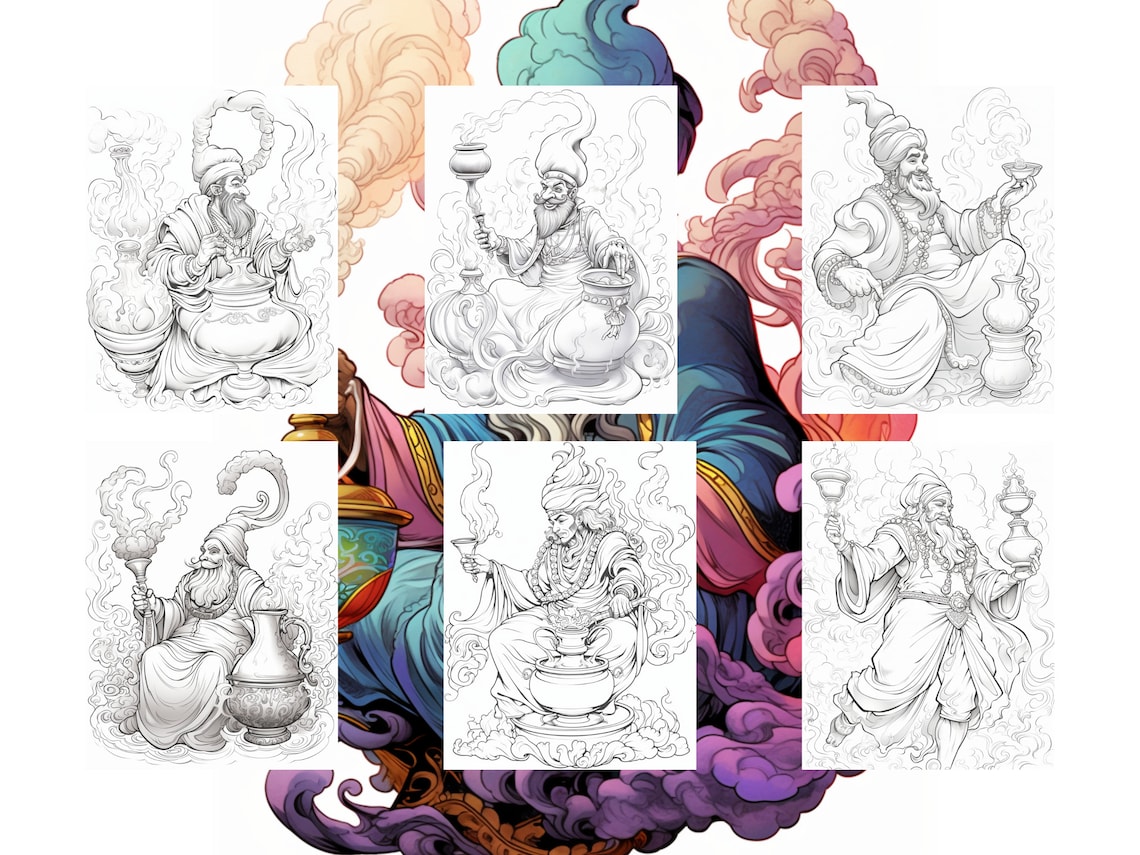 25 Magical Genie Coloring Pages - Adult and Kids Coloring Book, Fantasy ...