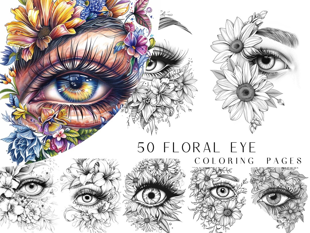 50 Floral Eye Coloring Pages - Adults and Kids Coloring Book, Greyscale ...