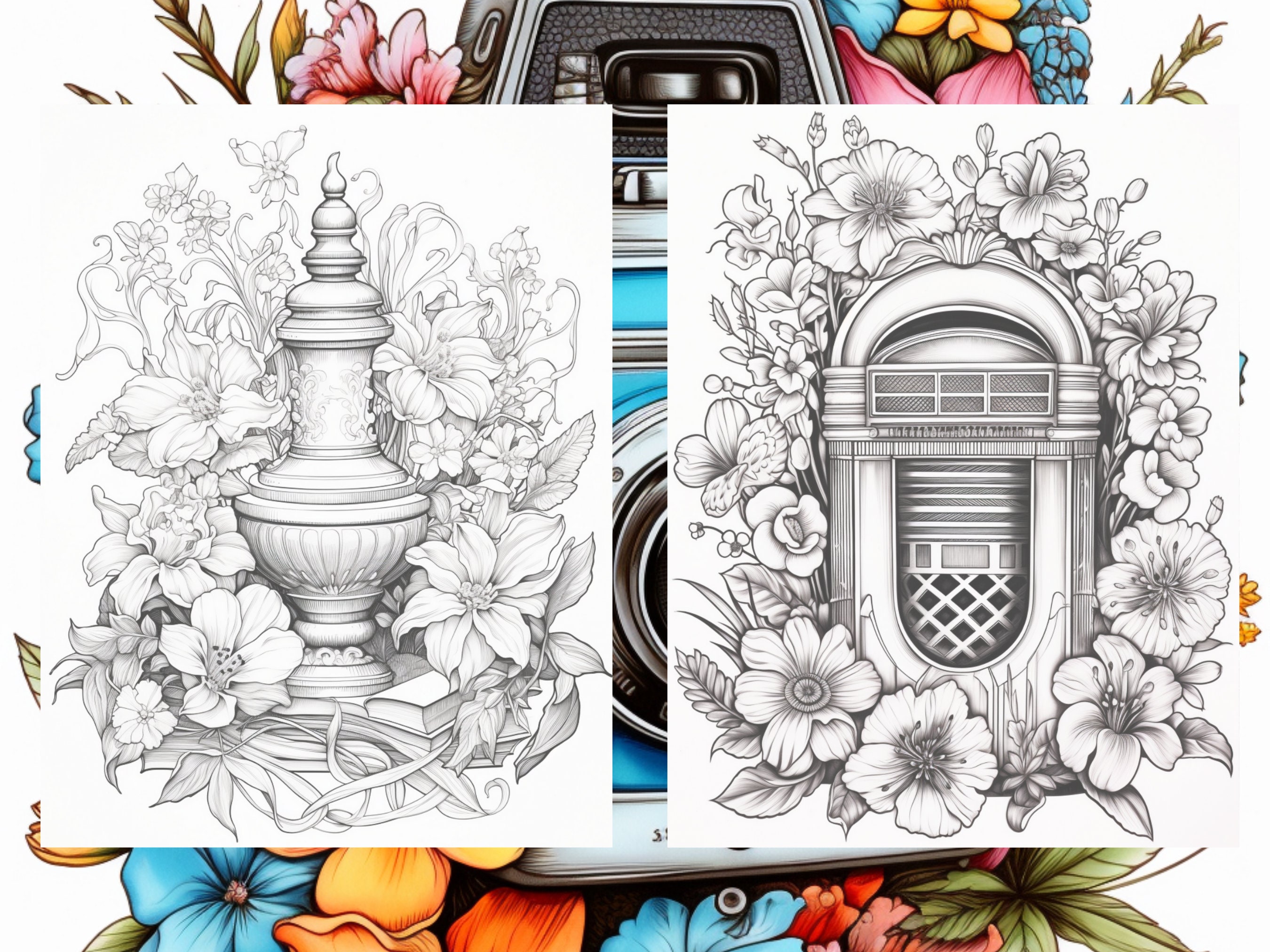50 Floral Vintage Item Coloring Pages Adults Coloring Book, Greyscale ...