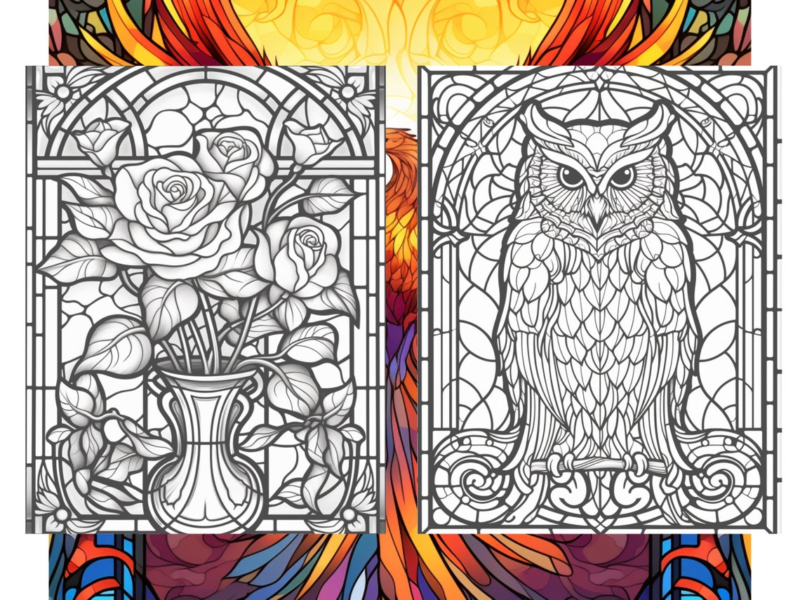 50 Stained Glass Coloring Pages - Adult Coloring Pages, Grayscale ...