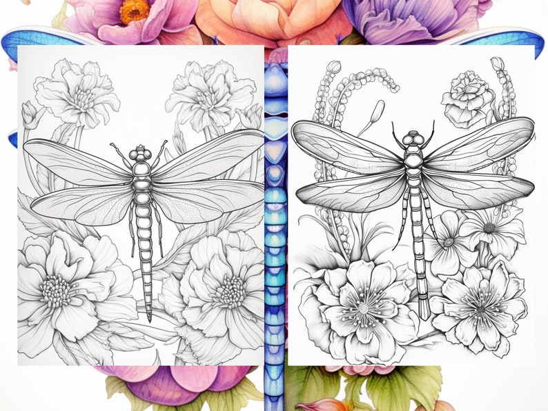 25 Floral Dragonfly Coloring Pages Adult and Kids Coloring Book ...