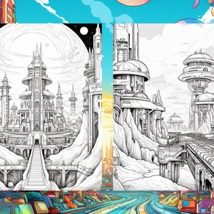 50 Galactic Sci-fi City Coloring Pages - Kids and Adult Coloring Book ...