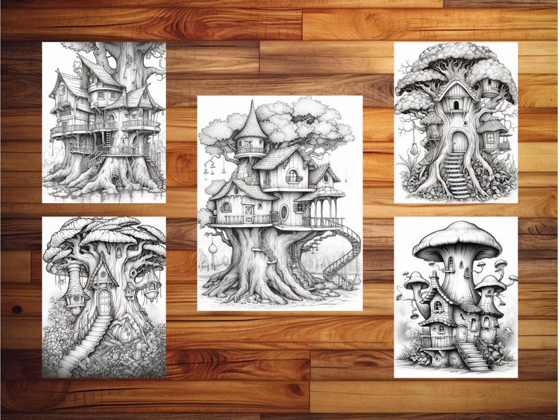 100 Enchanted Treehouse Coloring Book - Adult Coloring Pages, Grayscale ...