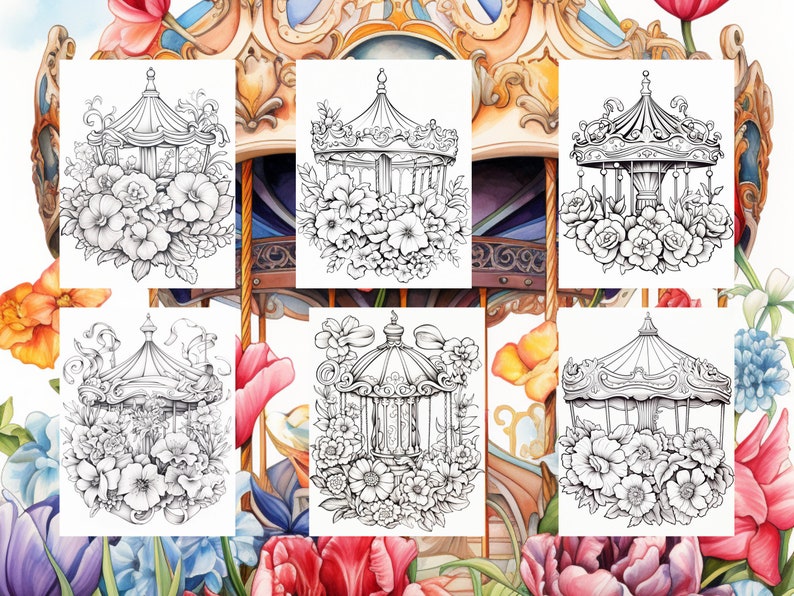25 Floral Carousel Coloring Pages Adults Coloring Book, Greyscale ...