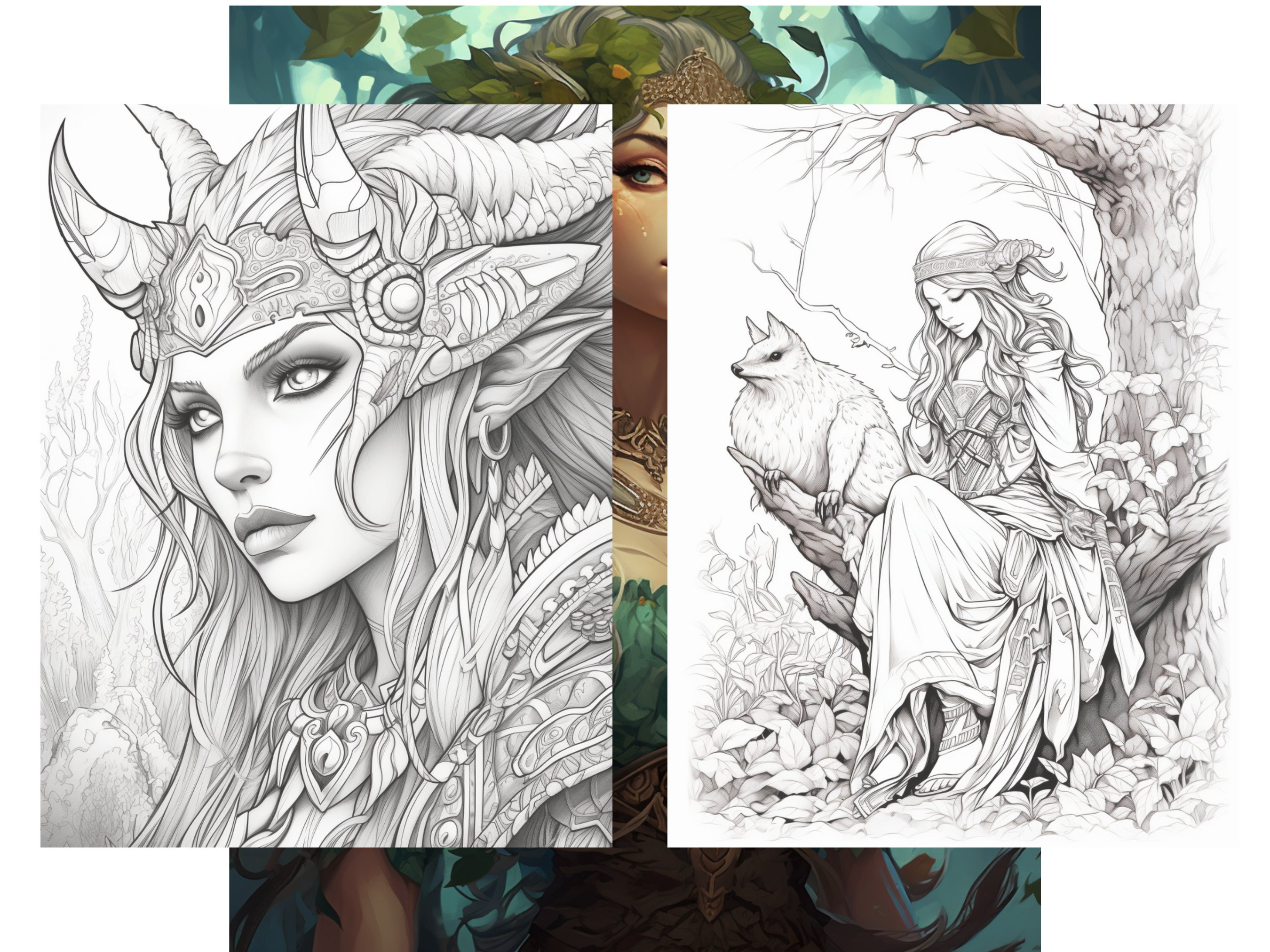 25 Fantasy Elf Druid Girl Coloring Pages Adult and Kids Coloring Book ...