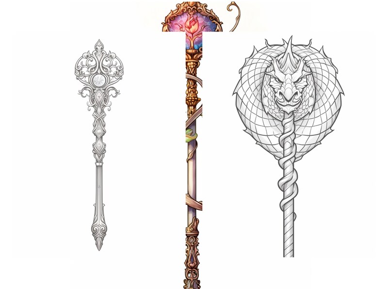 50 Magical Wand Coloring Pages - Adult and Kids Coloring Book, Fantasy ...