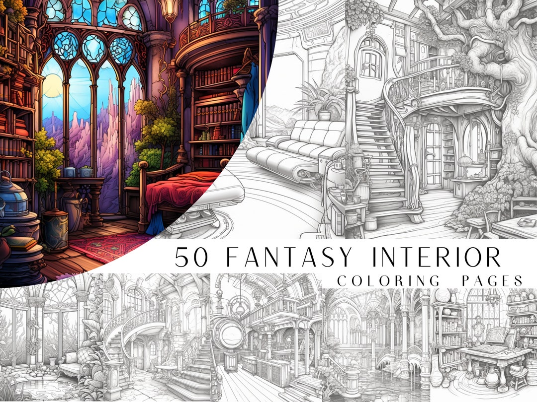 50 Fantasy Interior Coloring Pages - Adult and Kids Coloring Book, Fantasy Coloring Sheets ...