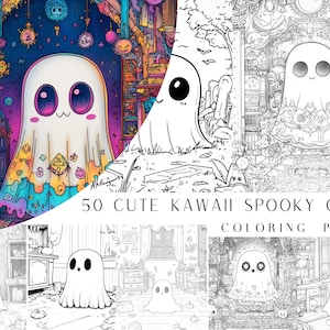 50 Cute Kawaii Spooky Ghost Coloring Pages - Kids and Adult Coloring ...
