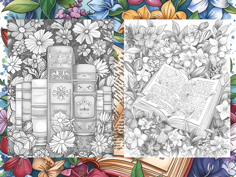25 Floral Book Coloring Pages Adults Coloring Book, Greyscale, Digital ...