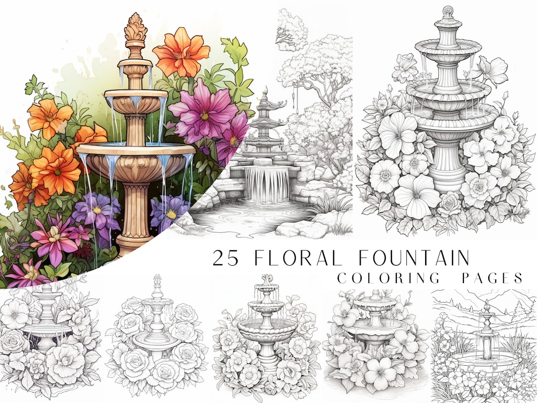 25 Floral Fountain Coloring Pages - Adults Coloring Book, Greyscale ...