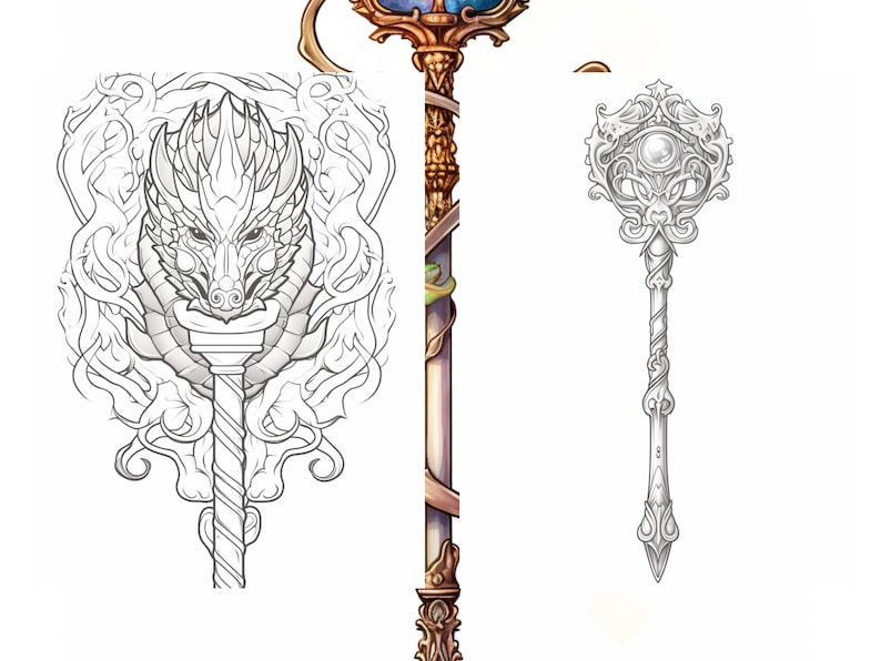 50 Magical Wand Coloring Pages - Adult and Kids Coloring Book, Fantasy ...
