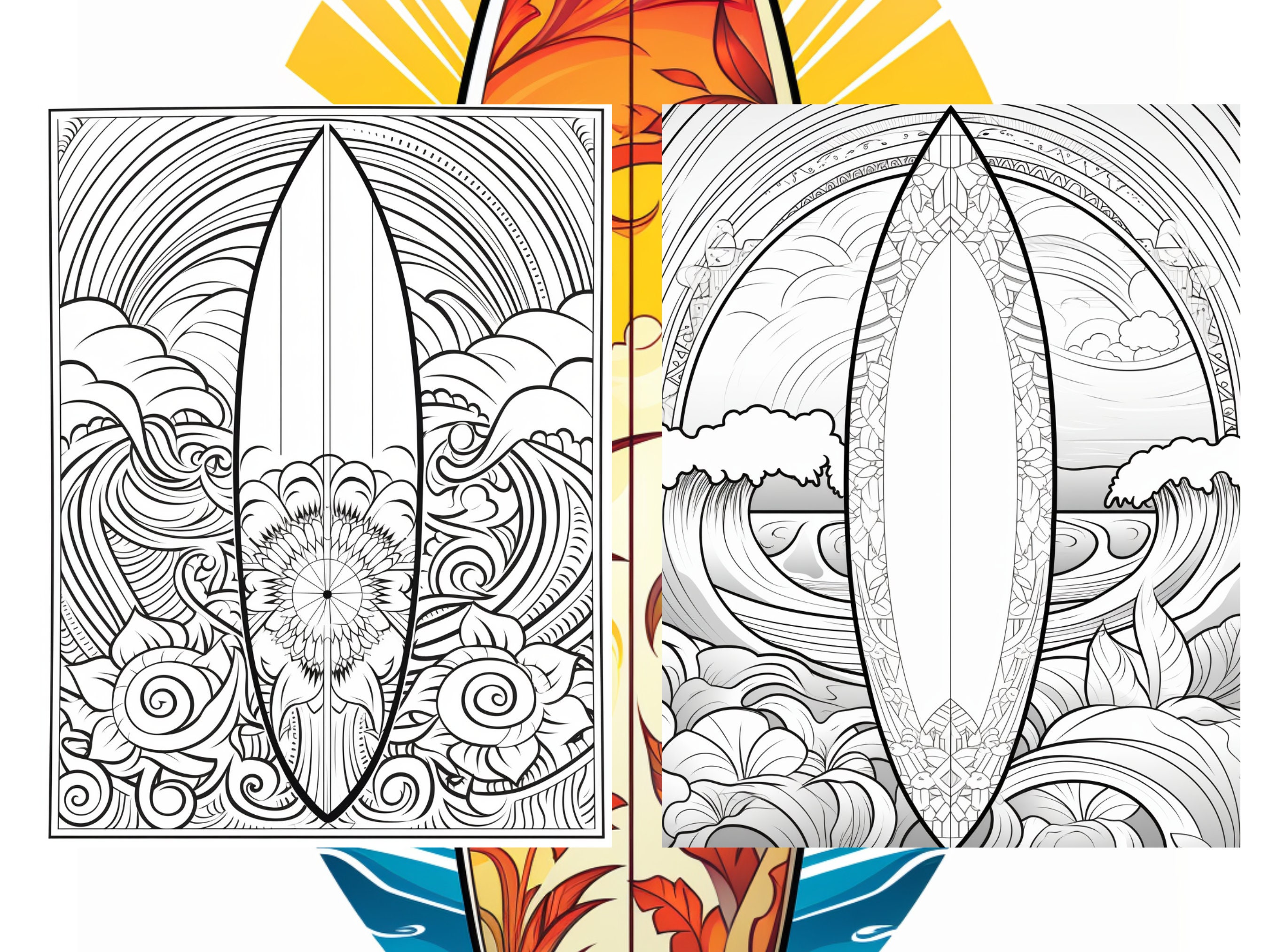 50 Patterned Surfboard Coloring Pages Adults and Kids - Etsy