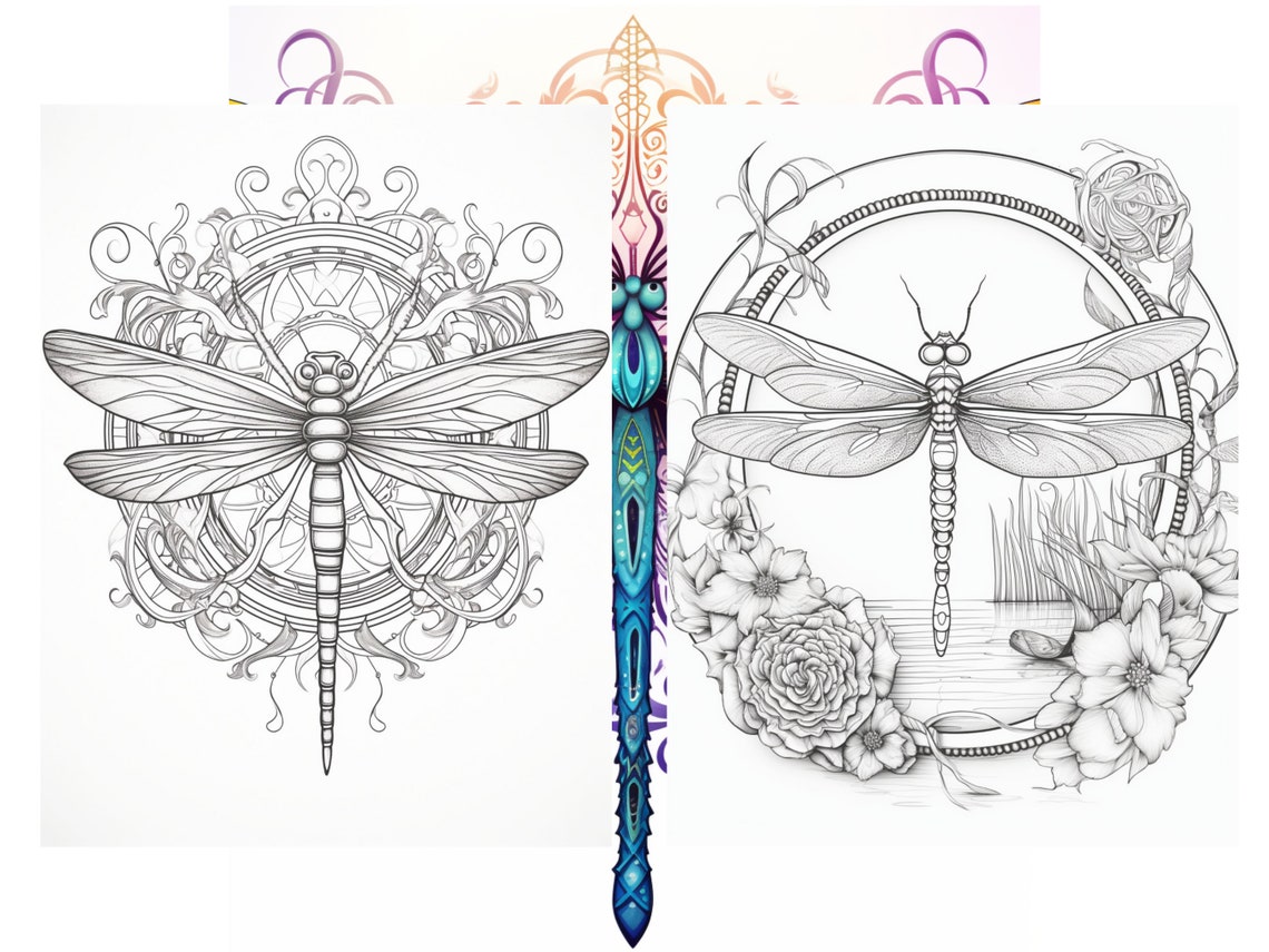 25 Dragonfly Coloring Pages - Adults Coloring Book, Greyscale, Digital ...