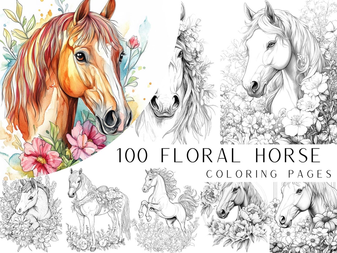 100 Floral Horse Coloring Pages - Instant PDF Digital Download ...