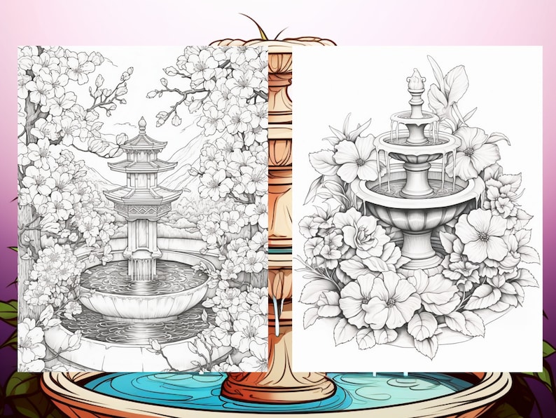 25 Floral Fountain Coloring Pages - Adults Coloring Book, Greyscale ...