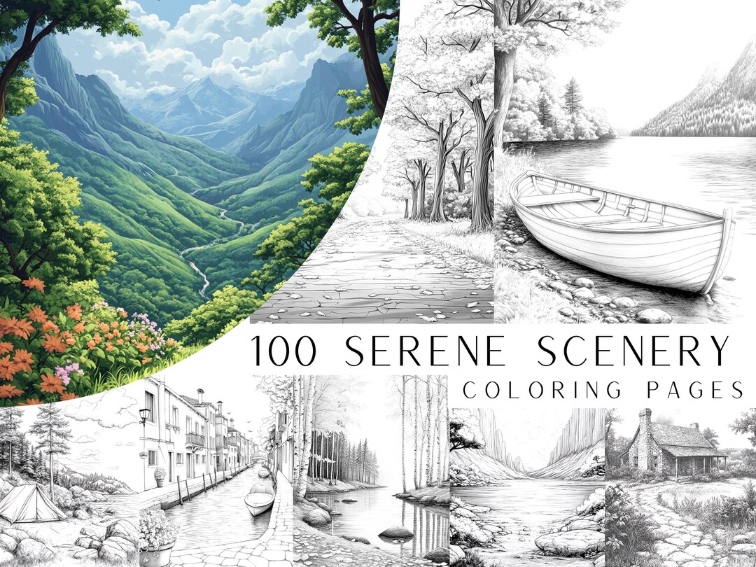 100 Serene Scenery Coloring Pages - Adult and Kids Coloring Book ...