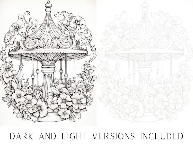 25 Floral Carousel Coloring Pages Adults Coloring Book, Greyscale ...