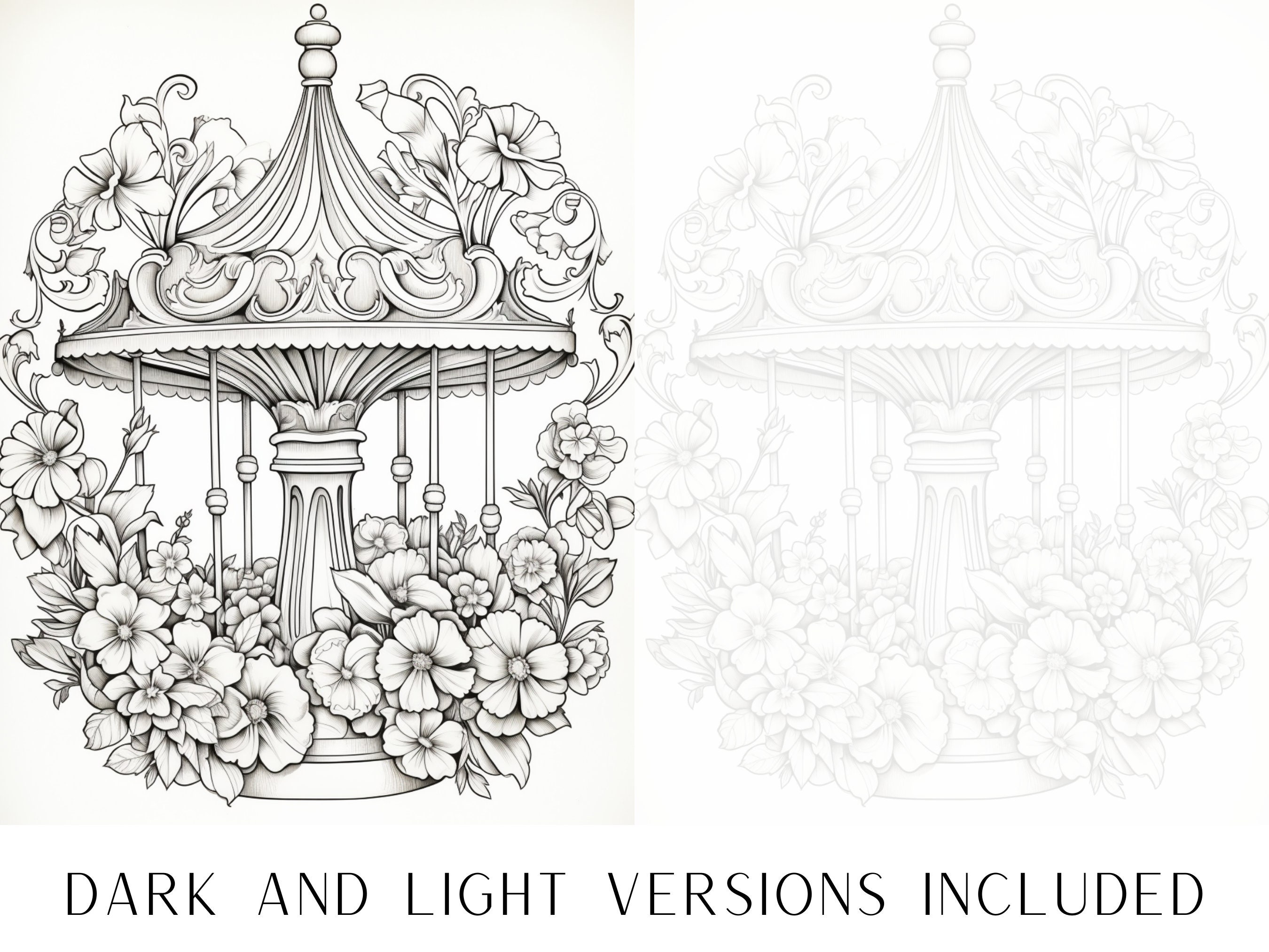 25 Floral Carousel Coloring Pages Adults Coloring Book, Greyscale ...