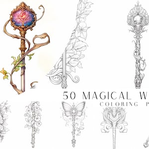 50 Magical Wand Coloring Pages - Adult and Kids Coloring Book, Fantasy ...