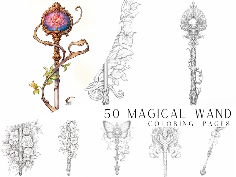 50 Magical Wand Coloring Pages - Adult and Kids Coloring Book, Fantasy ...