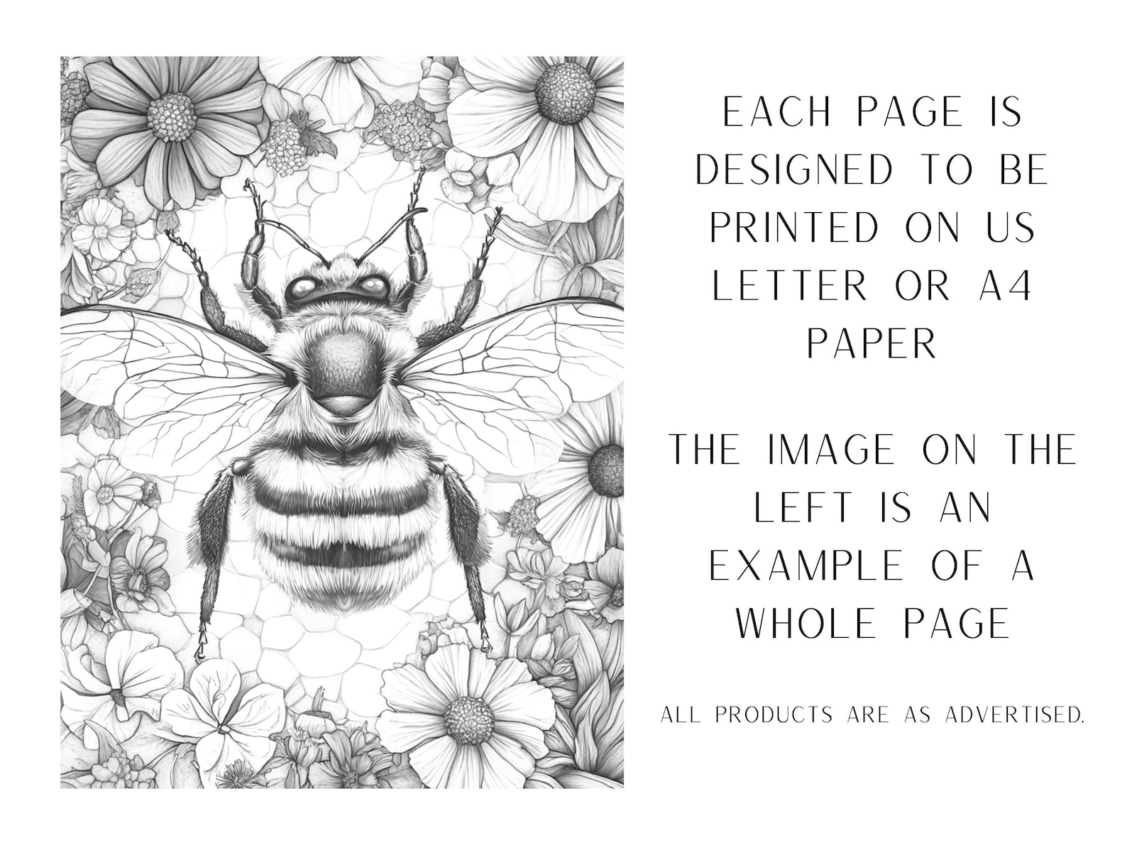 25 Floral Bee Coloring Pages - Adults Coloring Book, Greyscale, Digital ...