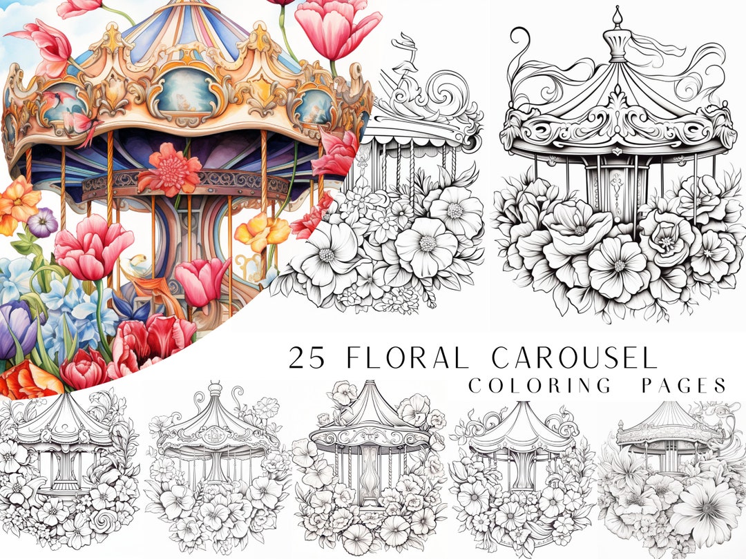 25 Floral Carousel Coloring Pages - Adults Coloring Book, Greyscale ...