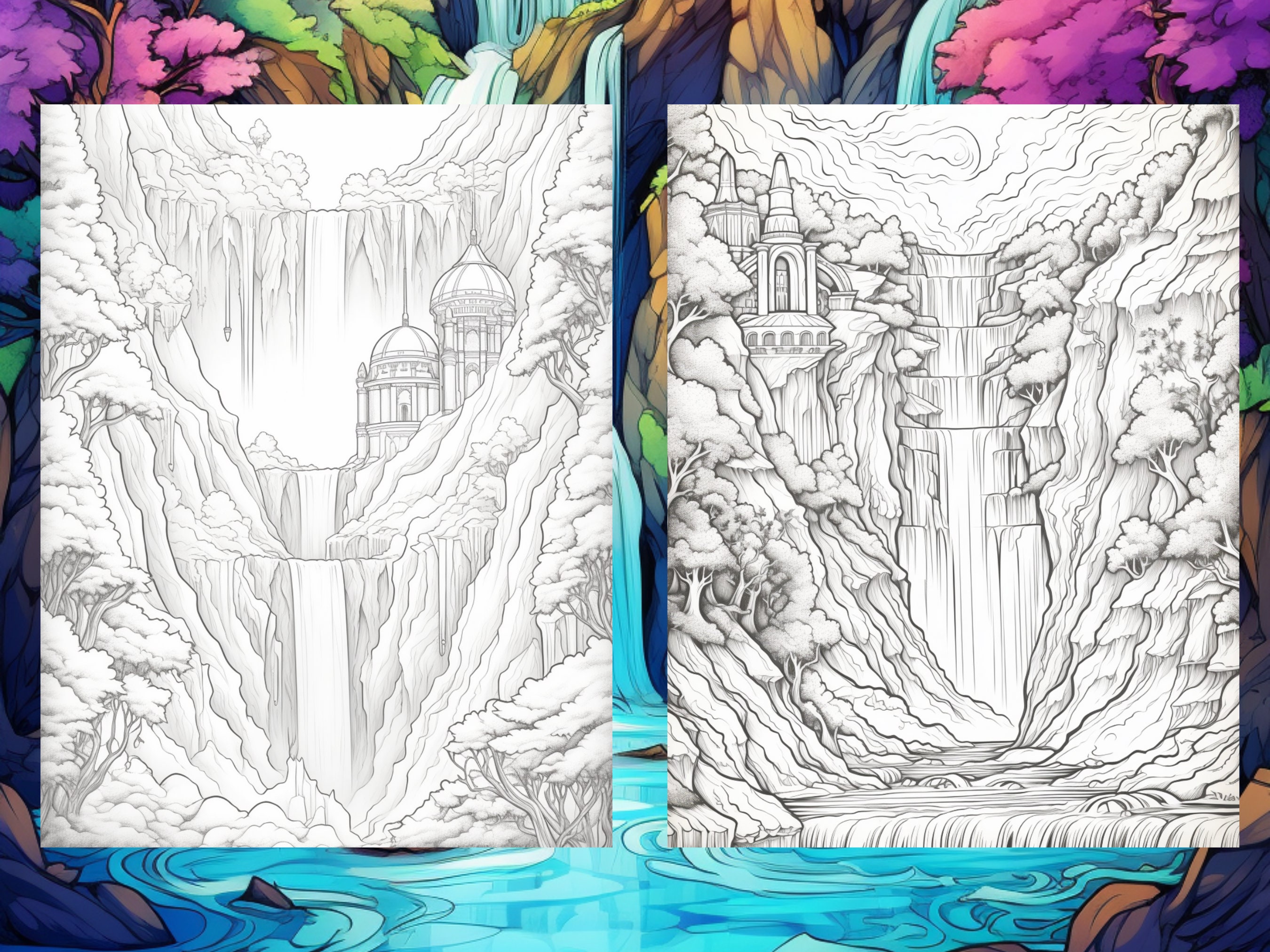 50 Fantasy Waterfall Coloring Pages - Adult and Kids Coloring Book ...