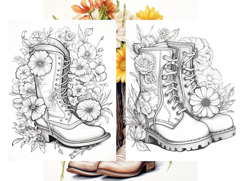 50 Flower Boot Coloring Pages Adult and Kids Coloring Book, Coloring ...
