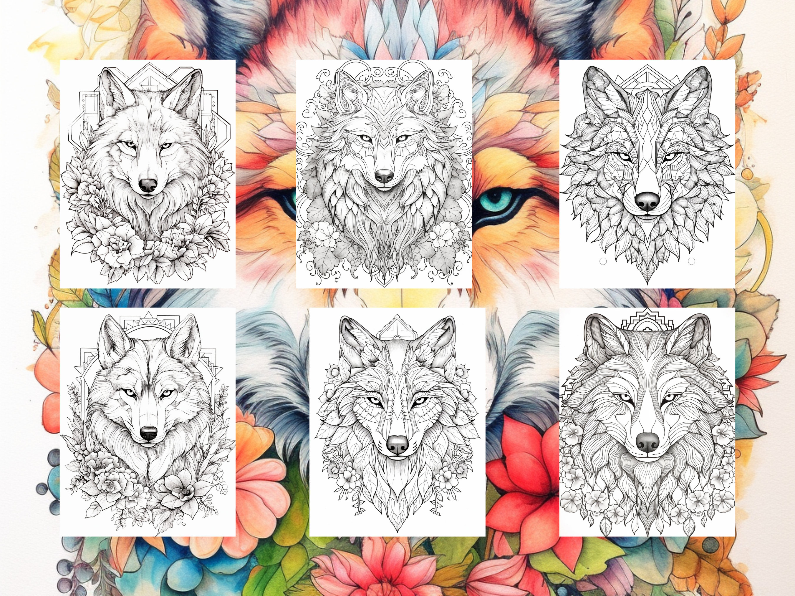 25 Floral Wolf Coloring Pages Kids and Adults Coloring Book, Digital ...