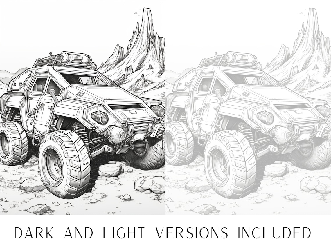 50 Sci-fi Car Coloring Pages - Kids and Adult Coloring Book, Grayscale ...
