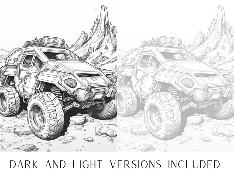 50 Sci-fi Car Coloring Pages - Kids and Adult Coloring Book, Grayscale ...