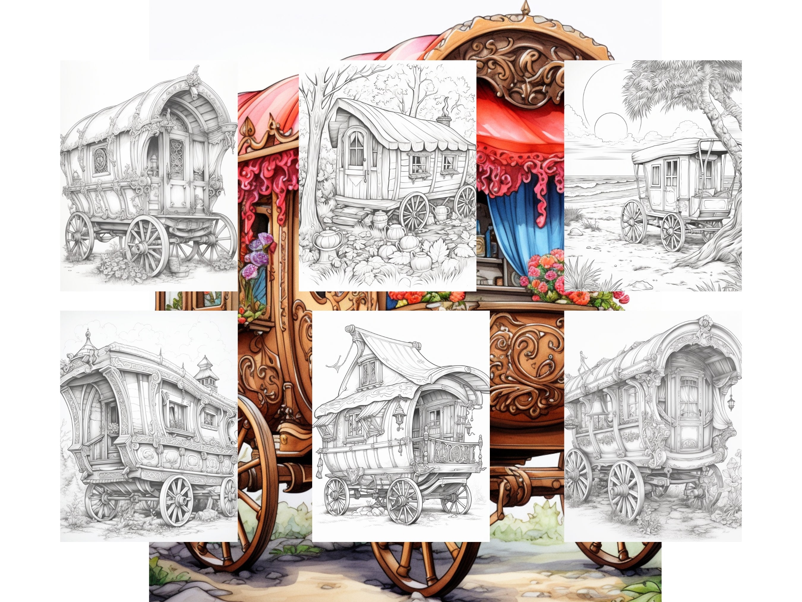 50 Gypsy Caravan Coloring Pages Adult and Kids Coloring Book, Greyscale ...
