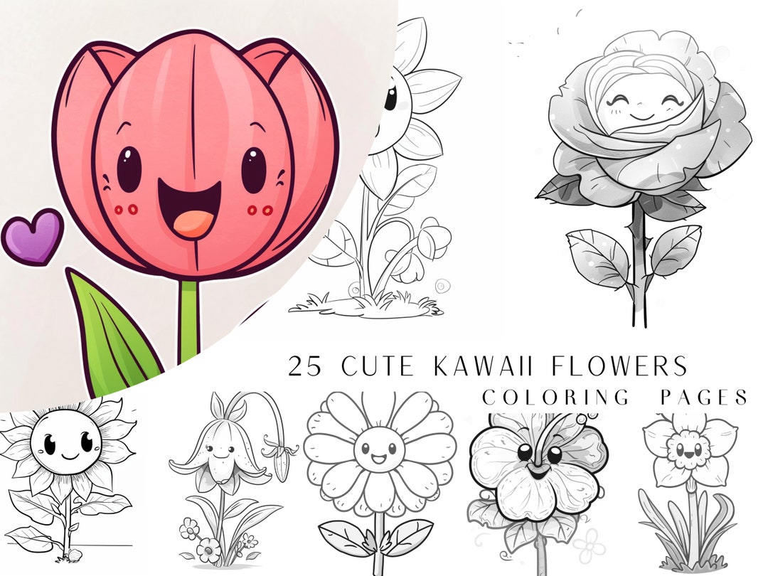 25 Cute Kawaii Flower Coloring Pages - Adult and Kids Coloring Book ...