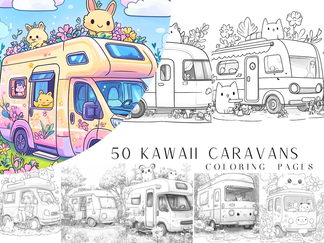 50 Kawaii Caravan Coloring Pages - Adult and Kids Coloring Book, Kawaii ...