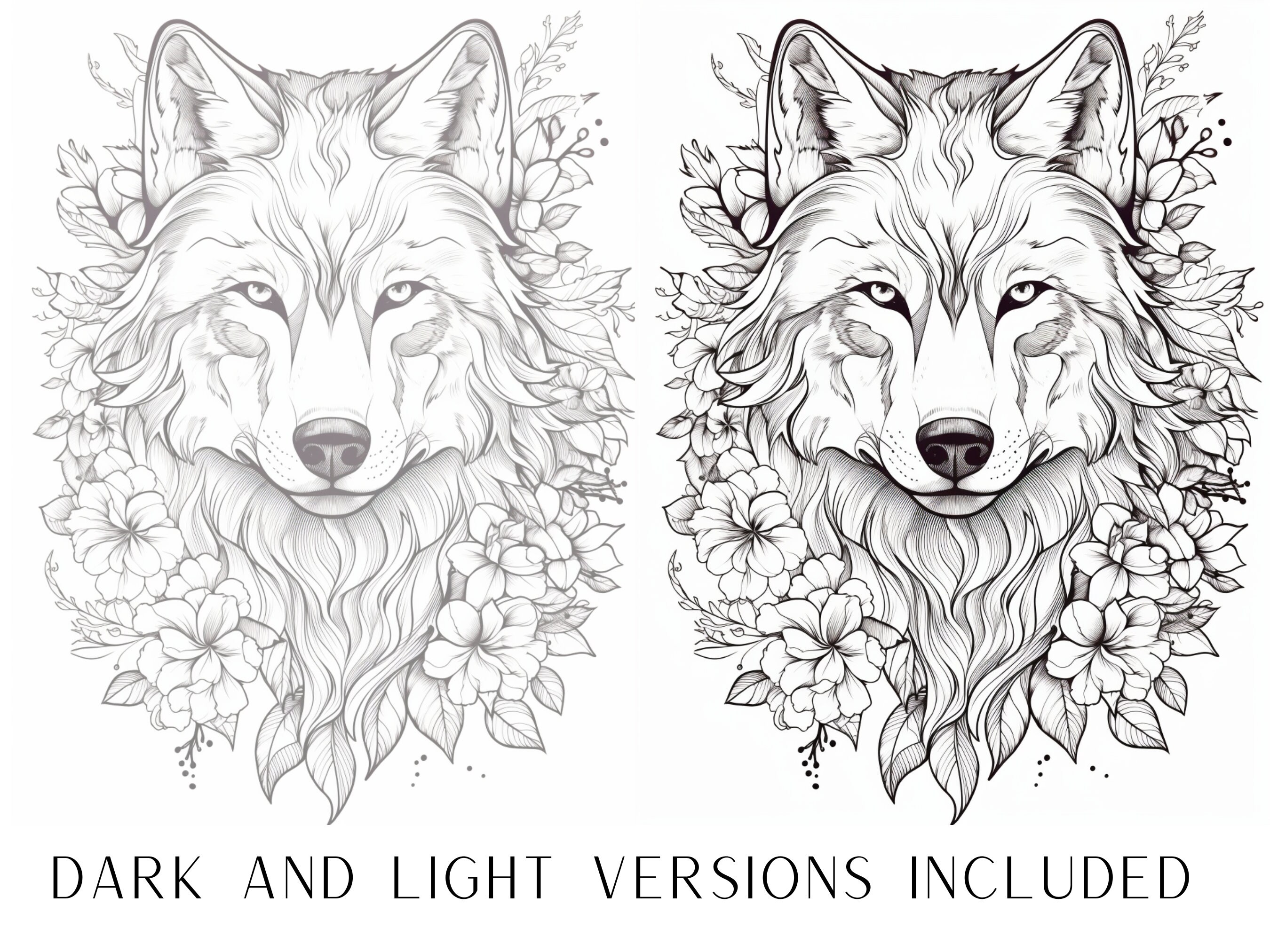 25 Floral Wolf Coloring Pages Kids and Adults Coloring Book, Digital ...