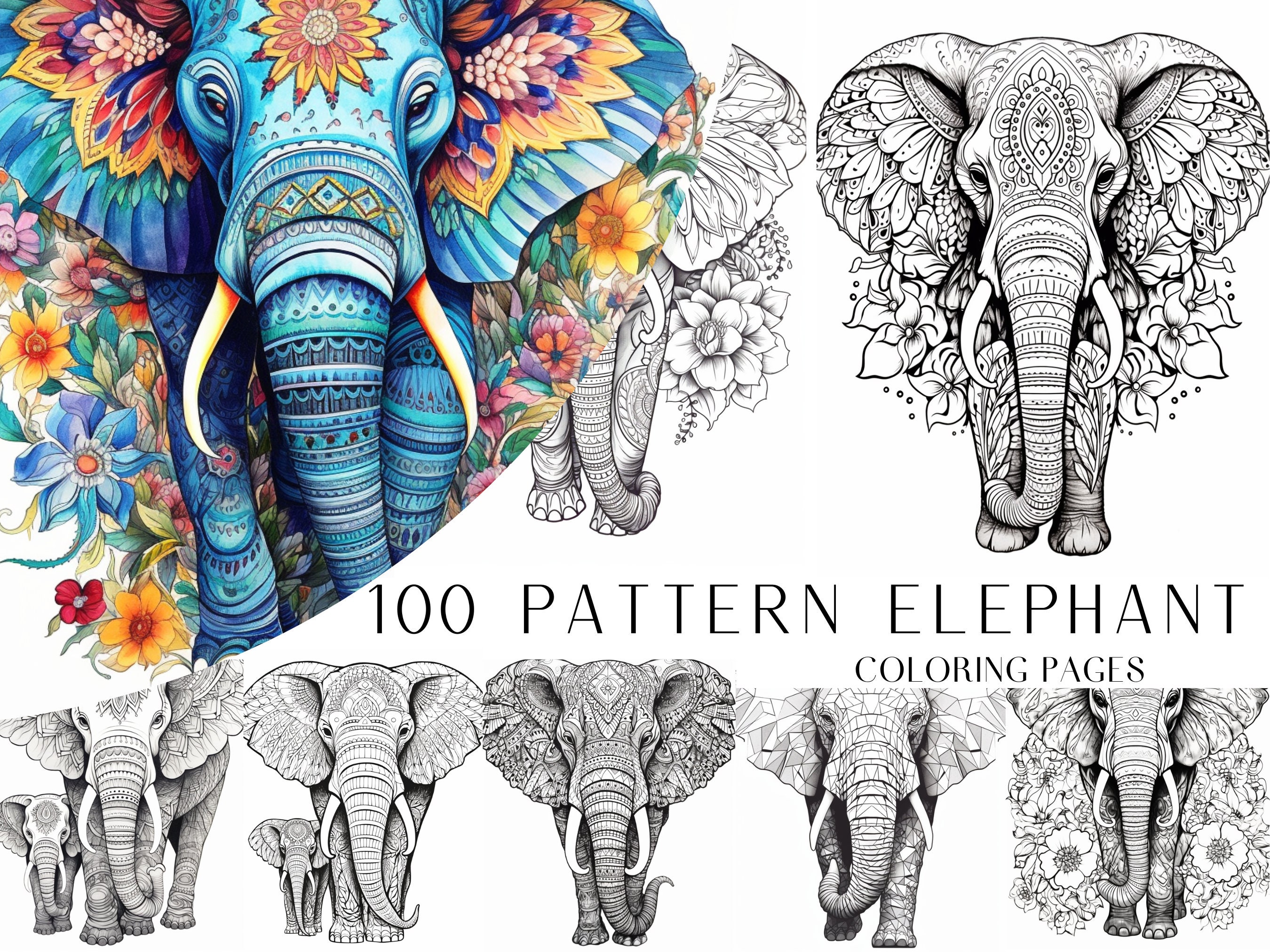 100 Patterned Elephant Coloring Pages - Adults and Kids Coloring Book ...
