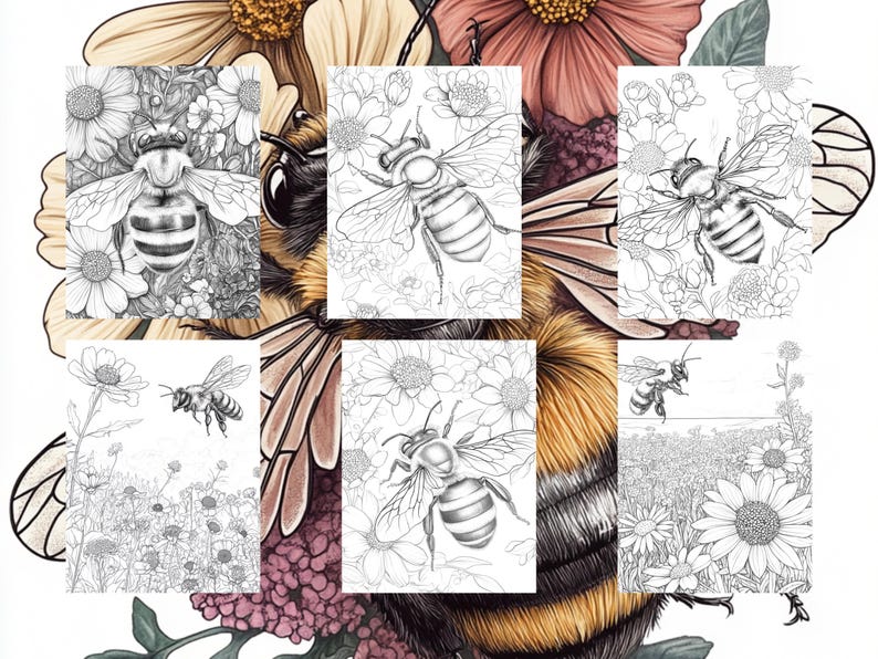 25 Floral Bee Coloring Pages - Adults Coloring Book, Greyscale, Digital ...