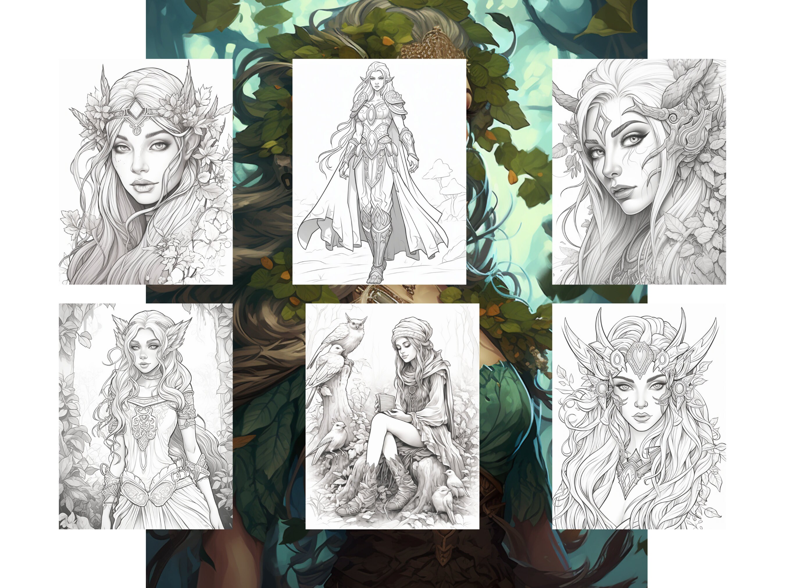 25 Fantasy Elf Druid Girl Coloring Pages Adult and Kids Coloring Book ...