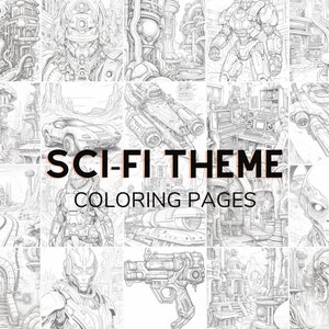 100 Sci-fi Theme Coloring Pages Kids and Adult Coloring Book, Grayscale ...