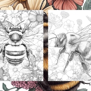 25 Floral Bee Coloring Pages - Adults Coloring Book, Greyscale, Digital ...