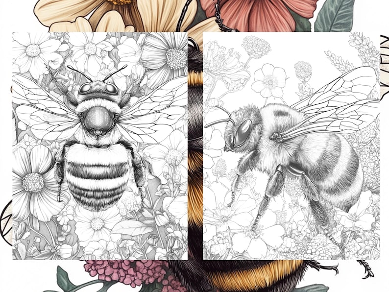 25 Floral Bee Coloring Pages - Adults Coloring Book, Greyscale, Digital ...