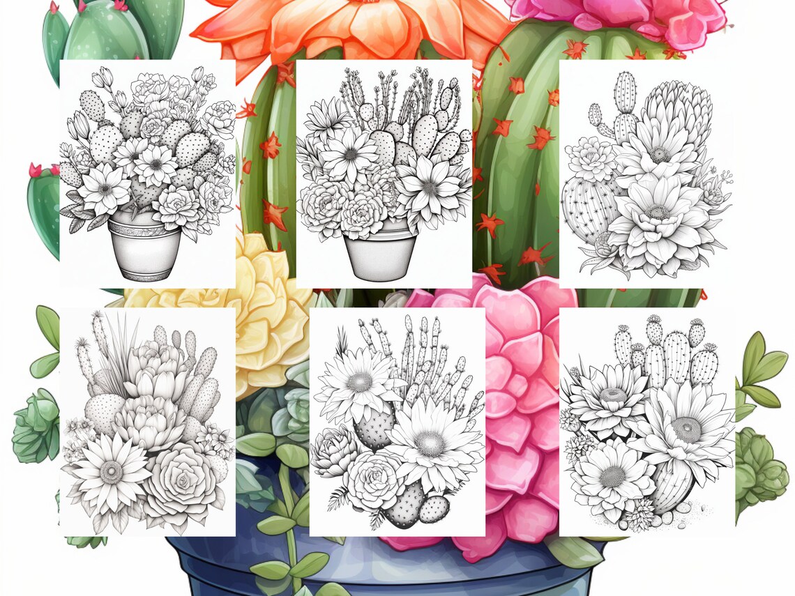 25 Floral Cactus and Succulent Coloring Pages Adult Coloring - Etsy