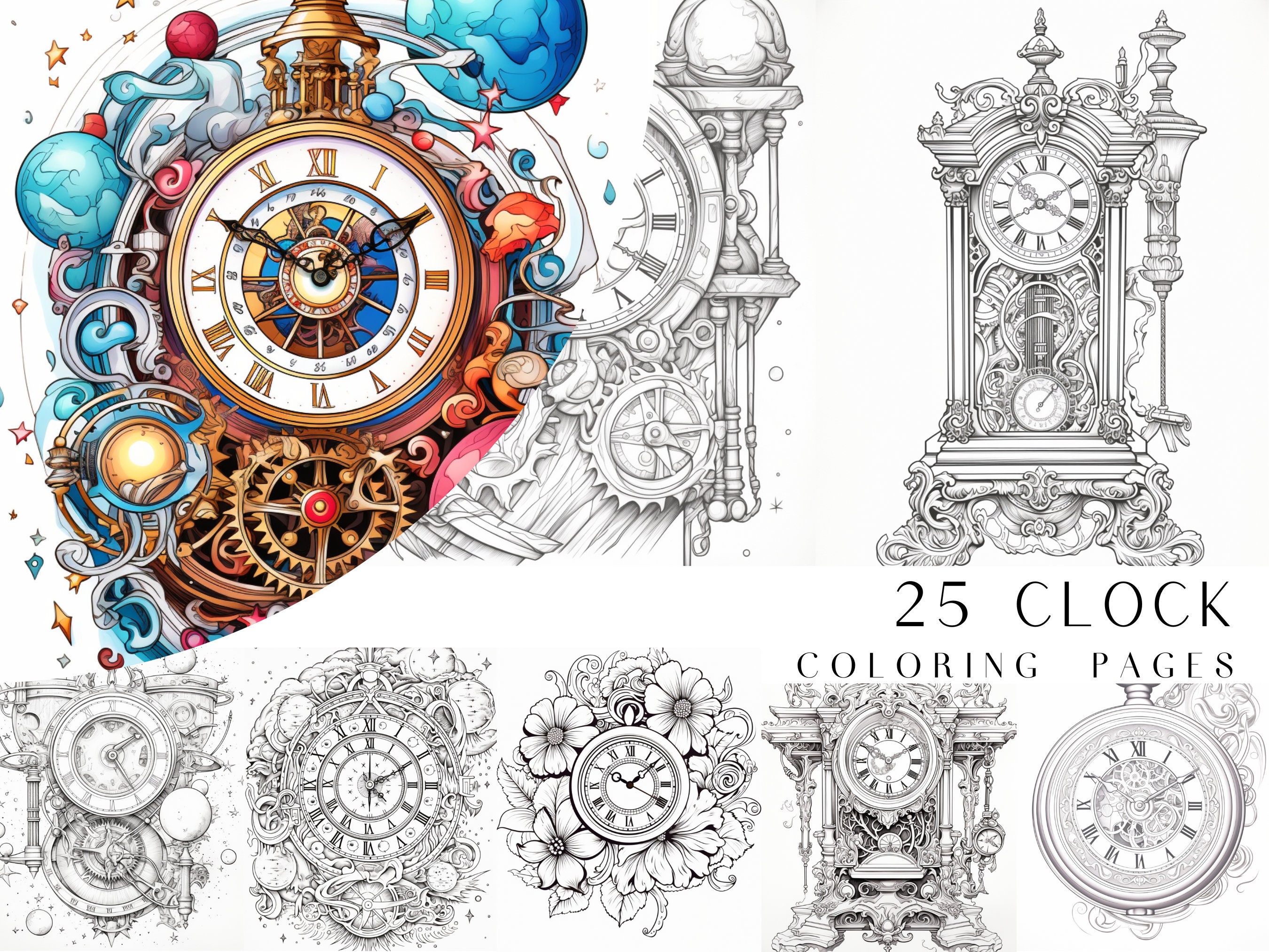 25 Clock Coloring Pages Adult and Kids Coloring Book, Instant Download ...