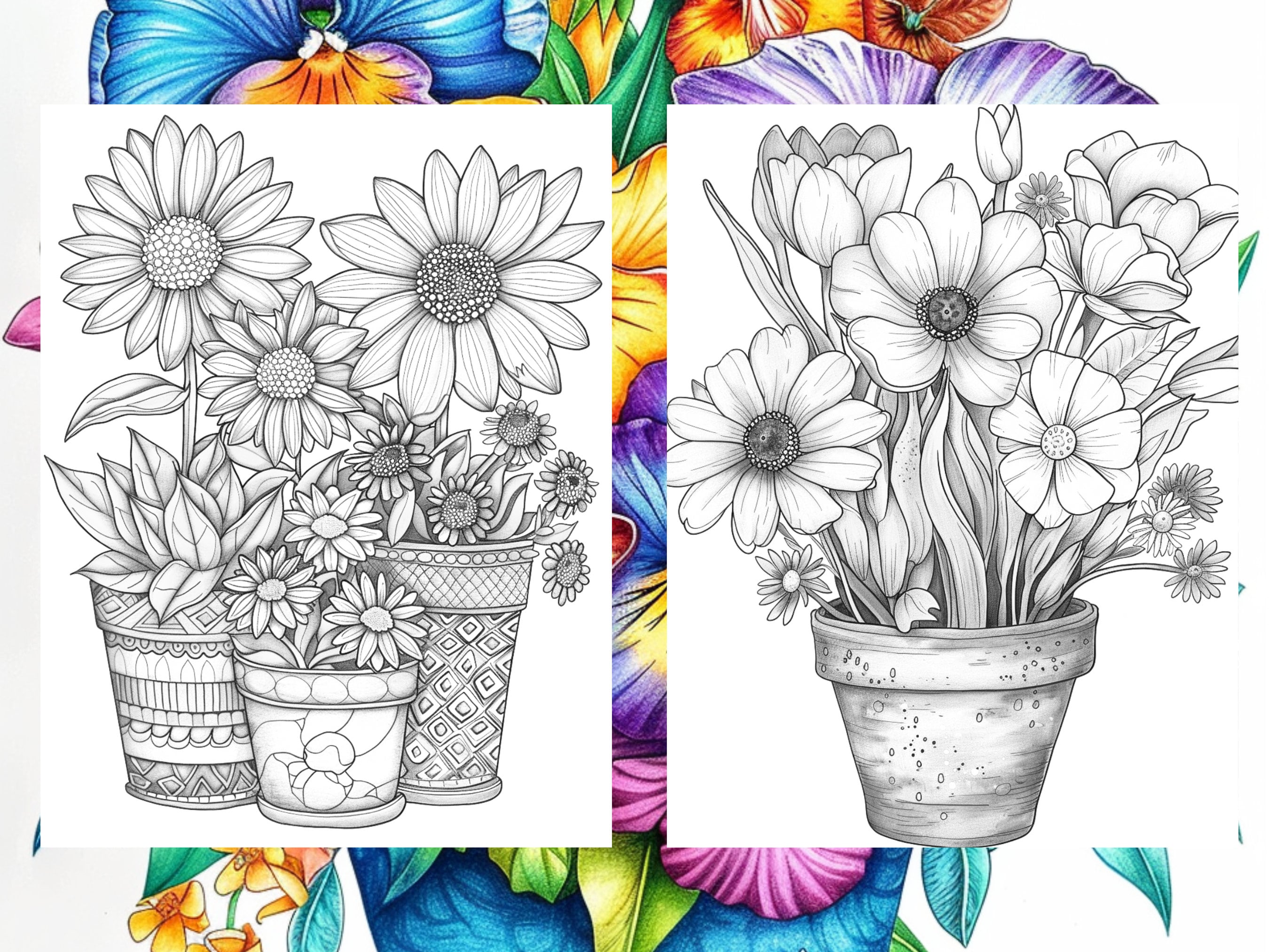 25 Potted Flowers Coloring Pages - Adults and Kids Coloring Book ...