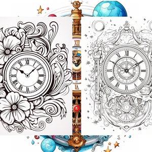 25 Clock Coloring Pages - Adult and Kids Coloring Book, Instant ...