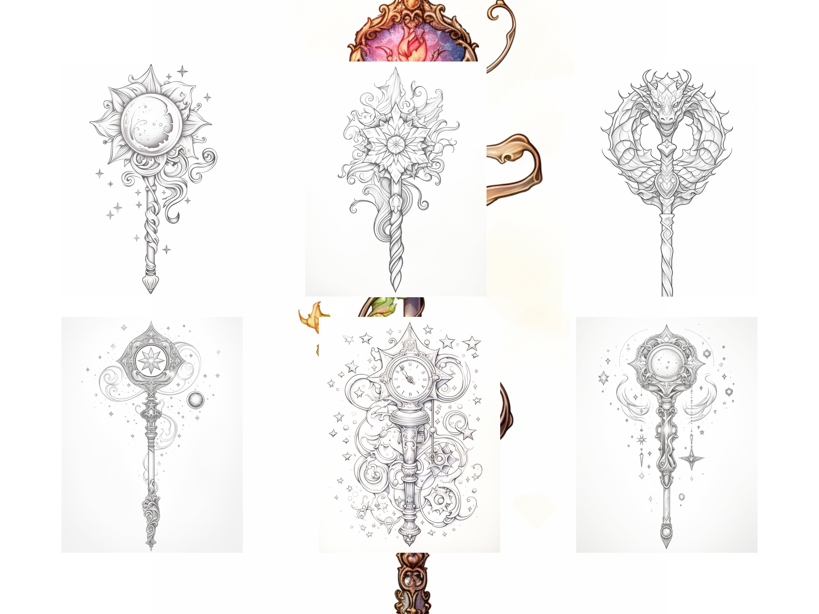 50 Magical Wand Coloring Pages - Adult and Kids Coloring Book, Fantasy ...